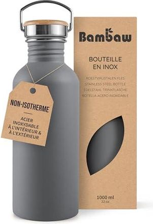 Bambaw Gourde Metal 1l, Bouteille dEau Grise, Gourde Inox 1l Non-Isotherme, Bouteille Inox 1l sans BPA, Gourde Sport 1 Litre - Gris Anthracite