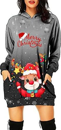 Generic Robe De No&euml;l Femme Chic Rigolo Sweat Longue avec Capuche Ample &Agrave; Manches Longues Poche Pullover Sweat Noel Wapiti Imprim&eacute; Hiver Chaude Vintage Costume