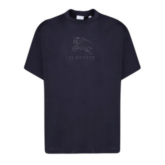 Burberry Homme, Tops, Bleu, Taille: S T-Shirt en Coton avec Logo Brod&eacute;