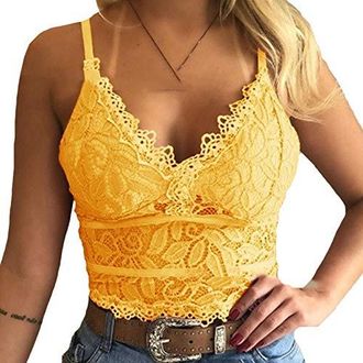 Minetom Sexy Femmes Crop Top Dentelle Débardeur Soutiens-Gorge Dos Nu Camisole Bretelles Bralette Col V sans Manches Shirt A Jaune 44