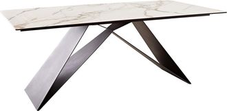 DELIFE Esszimmertisch Edge Keramik Calacatta Luxe Wei&szlig;-Gold-Grau 200x100 V-Gestell Flachstahl Schwarz