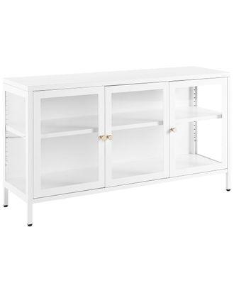 Beliani Sideboard Metall wei&szlig; mit Vitrine 3 Glast&uuml;ren hohe Beine Griffe Gold Newport