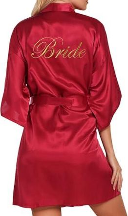 Generic Peignoir de demoiselle dhonneur avec broderie, peignoir en soie pour femme, pour fête de mariage, préparation, peignoir court, bordeaux, L