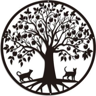 Generic D&eacute;coration Murale en M&eacute;tal Noir, Arbre de vie Avec Chiens Chats D&eacute;coration Murale 30CM, Art Mural Moderne Pour Salon Chambre &agrave; Coucher Salle de Bain, 