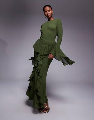 Asos Robe longue &agrave; volants et manches longues - Vert for&ecirc;t