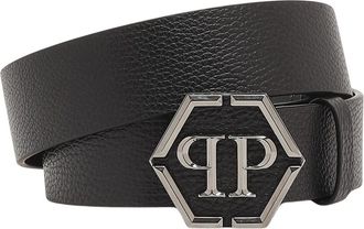 Philipp Plein Homme, Accessoires, Noir, Taille: 95 CM Ceinture Hexagone en Cuir Grain Souple