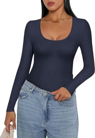 Ekouaer T-Shirt Thermique Femme Chaud Automne col Rond Haut Thermique Femme Marine Bleu XXL