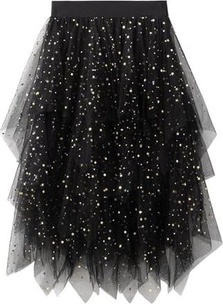 Generic Courte ligne A, taille haute &eacute;lastique, jupe midi, jupe superpos&eacute;e irr&eacute;guli&egrave;re, jupe dHalloween noire longueur genou, Noir, XL