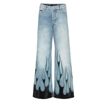 Philipp Plein Femme, Jeans, Bleu, Taille: W24 Denim Skater Fit Pantalons Strass Flame