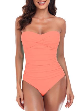 Relleciga Damen-Badeanzug, tr&auml;gerlos, einteilig, Orange-Pink, Large