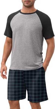 Ekouaer Schlafanzug Herren Kurz Pyjama Zweiteiliges Set Kurzarm Shirt Kariert Pyjamahose mit Tasche und Kordelzug, Grünkariert, L