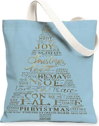 Generic Sacs fourre-tout en toile pour sapin de No&euml;l, motif typographie de vacances, sacs d&eacute;picerie r&eacute;utilisables, chic dhiver, l&eacute;gers, lavables, bleu, 13x15 