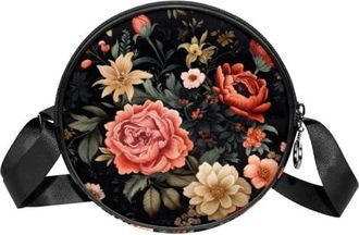 Generic Circle Sac &agrave; bandouli&egrave;re pour femme, petit sac &agrave; bandouli&egrave;re noir &agrave; motif floral avec fermeture &eacute;clair, bretelles r&eacute;glables, sac &agrave; main rond d&eacute;contrac