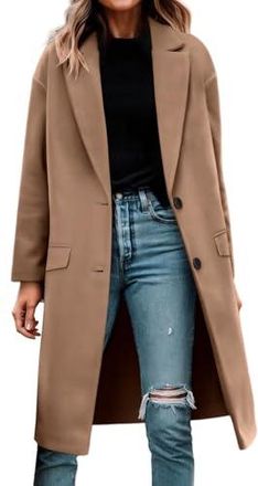 Generic Manteaux en laine vintage pour femme avec col &agrave; revers crant&eacute; &agrave; double boutonnage - Manteau dhiver chaud en laine m&eacute;lang&eacute;e - Manteau formel de f&ecirc;te de