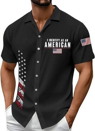 Generic Chemise imprim&eacute;e drapeau am&eacute;ricain &agrave; manches courtes boutonn&eacute;e d&eacute;contract&eacute;e col revers personnalis&eacute; surdimensionn&eacute; confortable chemise respirante hawa