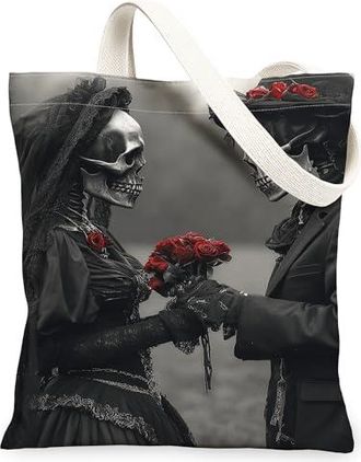 Generic Sacs fourre-tout en toile motif cr&acirc;ne gothique, &eacute;l&eacute;gant squelette, sacs d&eacute;picerie r&eacute;utilisables, l&eacute;gers et lavables pour Halloween, noir, 13x15 Inch