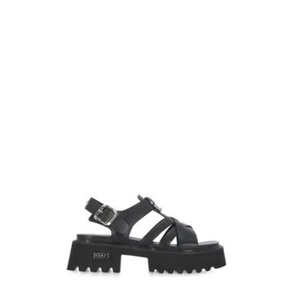 Cult Femme, Chaussures, Noir, Taille: 38 EU Sandales en Cuir Noir avec Bride de Cheville