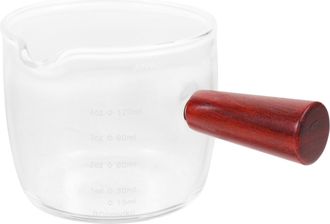 NUOBESTY Hitzebeständiger Glas espressobecher mit Holzgriff Milchkrug mit Skala Multifunktionaler Doppel auslauf Messbecher für Kaffee Latte Milchschaum Geeign