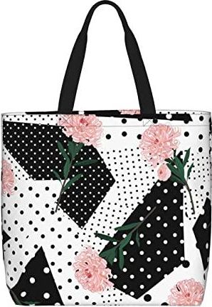 Generic Sac Fourre-Tout Patchwork Fleur &Agrave; Pois Noirs Et Blancs Sac &Agrave; Bandouli&egrave;re En Toile Lavables R&eacute;utilisable Sacs En Toile Pour Femmes, Pour &Eacute;cole, Voyage,