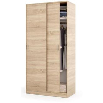 PEGANE Pegane - Armoire 2 portes coulissantes d&eacute;cor ch&ecirc;ne canadien - Dimensions L 100 cm x H 200 cm x P 50 cm - Configuration double penderie avec &eacute;tag&egrave;re