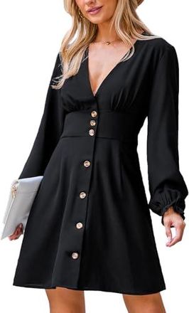 Cupshe Robe dautomne d&eacute;contract&eacute;e &agrave; manches longues et col en V pour femme, noir, Taille XL