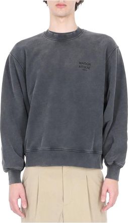 Maison Kitsun&eacute; Homme, Sweatshirts et sweats &agrave; capuche, Noir, Taille: L Felpa girocollo in cotone faded