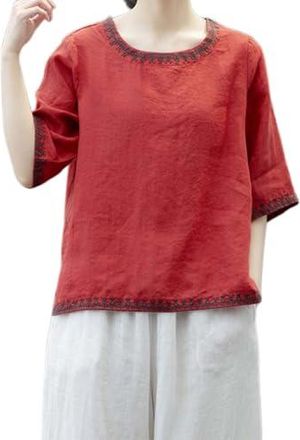 Generic Tunique brod&eacute;e en dentelle boh&egrave;me pour femme - Tunique d&eacute;t&eacute; florale 2025 - Blouses indiennes &agrave; volants pour femmes &acirc;g&eacute;es - Printemps vintage - Lin - C