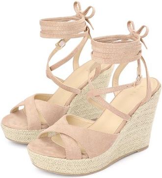 Allegra K Espadrilles &agrave; lacets pour femme avec talon compens&eacute; et plateforme, rose, 40.5 EU