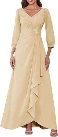 Generic Robe de mère de la mariée en mousseline de soie plissée à manches 3/4 pour femme, champagne, 56 Grande taille