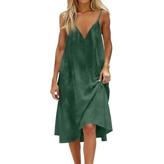 Generic Robe de plage pour femme - Robe d&eacute;t&eacute; mi-longue &agrave; bretelles spaghetti - Col en V - Dos profond - D&eacute;contract&eacute;e - M&eacute;lange de coton doux - Robe d&eacute;t&eacute; fluid