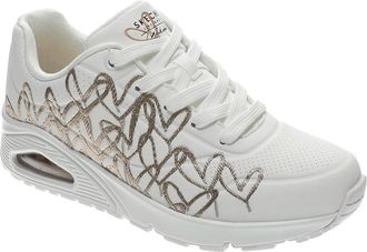 Skechers Damen UNO Golden HeartSneaker, Wei&szlig;e Durabuck-Mylar-Stickerei in Rotgold, 39.5 EU