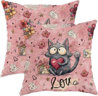 Generic Katze, Fantasievoll, Niedlich, Herz, Blumen Dekokissenbezug Atmungsaktiv Kissenbezug Weich Sofakissenbezug F&uuml;r Bett Hotel Heimdekoration 45X45Cm 2Er S