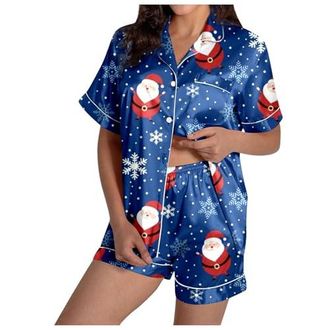 Generic Pyjama de Noël pour femme 2 pièces en satin de soie graphique mignon vêtements de nuit décontractés fantaisie graphique drôle grande taille boutonné m