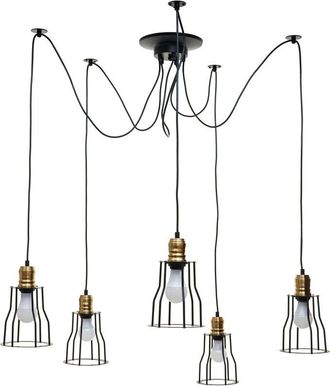 Hhg Neuwertig] Pendelleuchte HHG 190, H&auml;ngeleuchte H&auml;ngelampe, Industrial Metall h&ouml;henverstellbar schwarz 5x K&auml;figlampenschirm