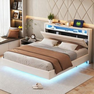 Generic Lit capitonn&eacute; 160x200 - T&ecirc;te de lit r&eacute;versible, Ports USB, lumi&egrave;re LED, sommier Double, Pieds dissimul&eacute;s - Adulte et Jeune Adulte - Tissu lin beige