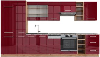 Vicco Küchenzeile Fame-Line, Bordeaux Hochglanz/Goldkraft Eiche, 355 cm ohne Arbeitsplatte