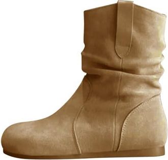 Generic Bottines Femme en Daim R&eacute;tro Bottes Mi-Mollet Bout Rond Semelle Souple Plate Antid&eacute;rapante Bottes De Cowboy L&acirc;che D&eacute;contract&eacute; Chaussures Femme Automne