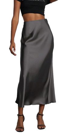 OLIPHEE Langer Satin Rock Damen Hohe Taille mit Elastischem Bund Einfarbig R&ouml;cke Damen Elegant Business A Linien Maxi Skirt Frauen Kleider Grau M