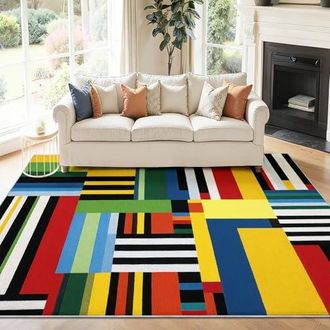 Generic Tapis Rond Salon 120 x 170 cm, Lavable Antid&eacute;rapant Tapis, Moderne Minimaliste Rayures Carreaux Imprim&eacute; Carpette pour la Chambre la Salle &agrave; Manger et 