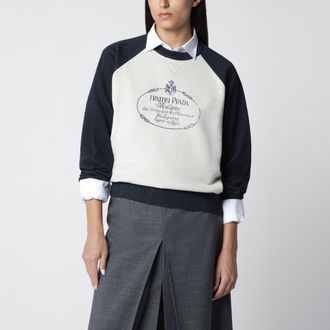 Prada Naturfarbenes/Marineblaues Sweatshirt aus Baumwolle mit Rundhalsausschnitt