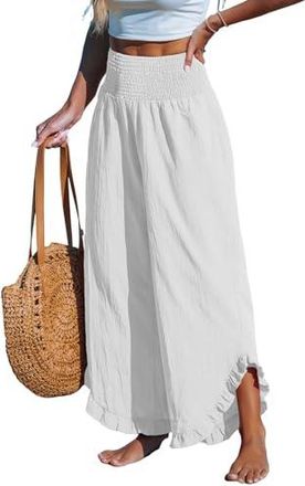 Cupshe Pantalon dété pour femme - Coupe large - Style bohème - Taille haute - Coupe droite - Asymétrique - Poignets à volants - Pantalon fluide, blanc, L