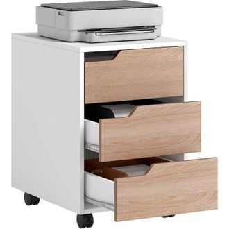 HOMCOM Caisson bureau mobile, meuble rangement bureau sur roulettes, 3 tiroirs, 40x50x57,5cm, blanc et ch&ecirc;ne-Blanc