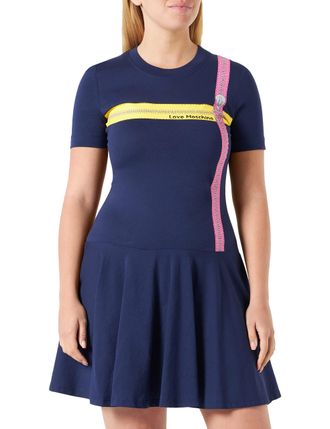Love Moschino Regular fit Short-Sleeved Dress in 30/1 Cotton Jersey, with Flared Skirt and Zipper Print on Front