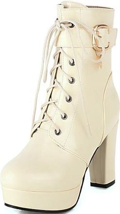 SJJH Bottines &agrave; fermeture &eacute;clair lat&eacute;rale pour femme - Talon de 10 cm - Boucle en m&eacute;tal - Doublure douillette, Abricot, 33 EU