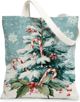 Generic Sacs fourre-tout en toile de No&euml;l, motif arbre de vacances festif, sacs de courses r&eacute;utilisables, sacs de courses rustiques dhiver, l&eacute;gers et lavables