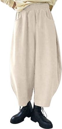 Generic Pantalon baril en velours côtelé pour femme - Jambe large - Pantalon vintage mi-baggy - Taille élastique - Pantalon en velours côtelé - Pantalon sarou