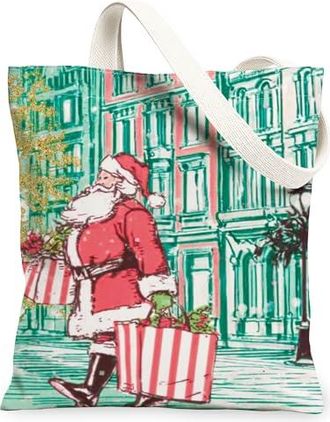 Generic Sacs fourre-tout en toile motif P&egrave;re No&euml;l, sacs de courses r&eacute;utilisables, l&eacute;gers et lavables avec bandouli&egrave;re en toile F, Rouge, 13x15 Inch