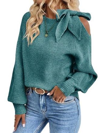 Generic Pull &agrave; &eacute;paules d&eacute;nud&eacute;es avec noeud papillon et manches lanternes, pull vintage en tricot &eacute;pais confortable pour femme, Vert, 10XL