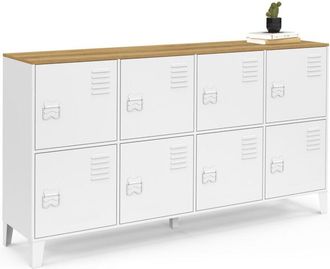 IDMarket Buffet casier 139 cm ESTER 8 portes en m&eacute;tal blanc plateau bois design industriel