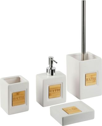 Beliani Badezimmer Set beige/Heller Holzfarbton 4-teilig Dolomit mit Aufschrift Kourou